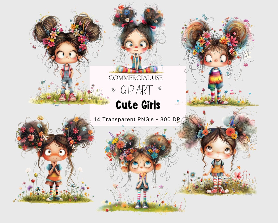 Cute Girls Watercolour Clipart, Whimsical Girls PNG, Quirky Girls Clip ...