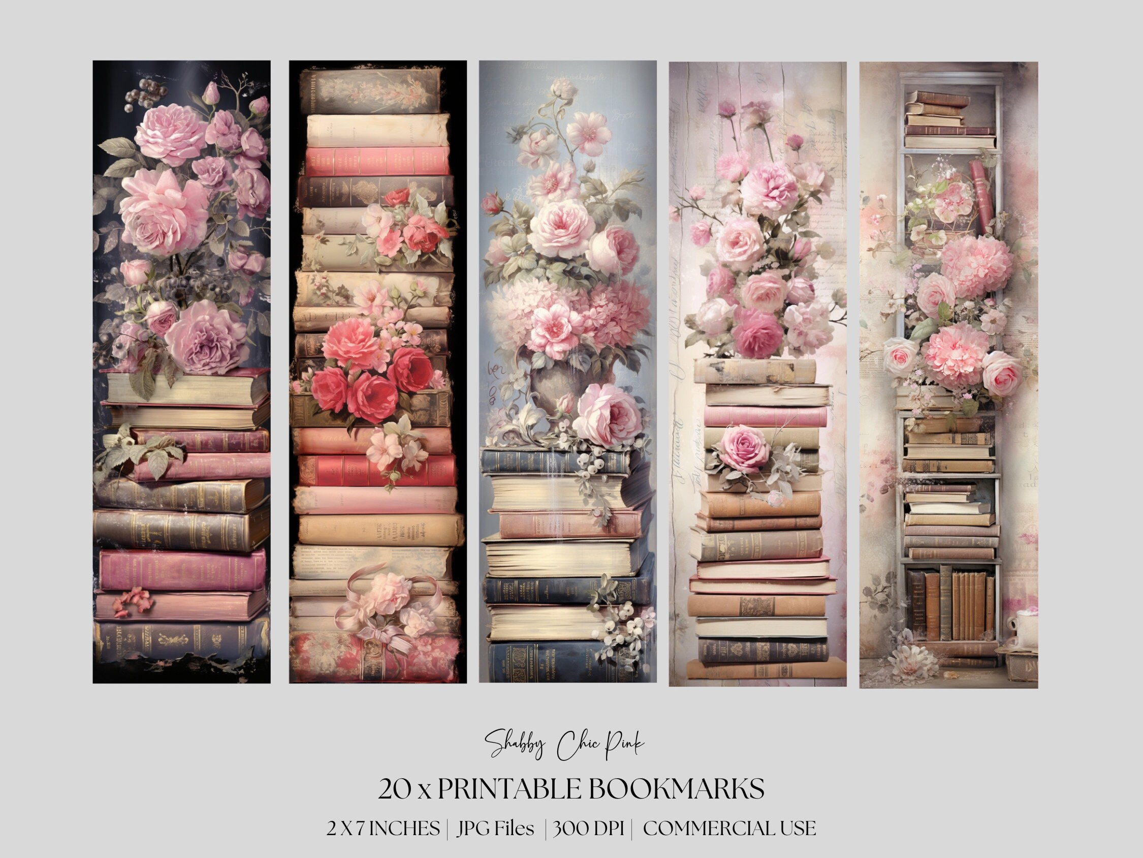 20 Stacked Books Printable Bookmarks, Book Lovers Design, Shabby Chic ...