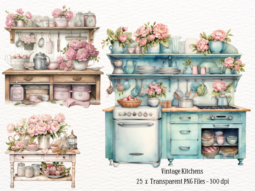 25 Vintage Floral Kitchen Clipart, Shabby Chic, Printable Watercolour ...