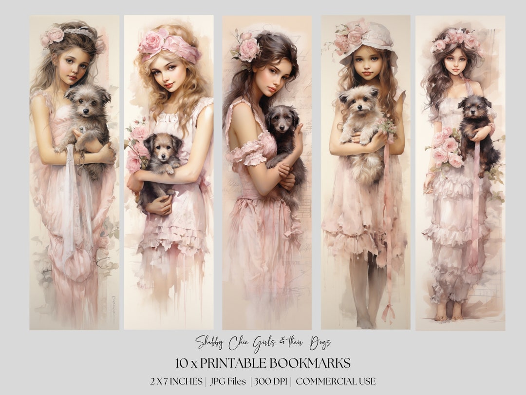 Shabby Chic Bookmarks, Dogs Printable Bookmarks, Girls & Dogs Printable ...