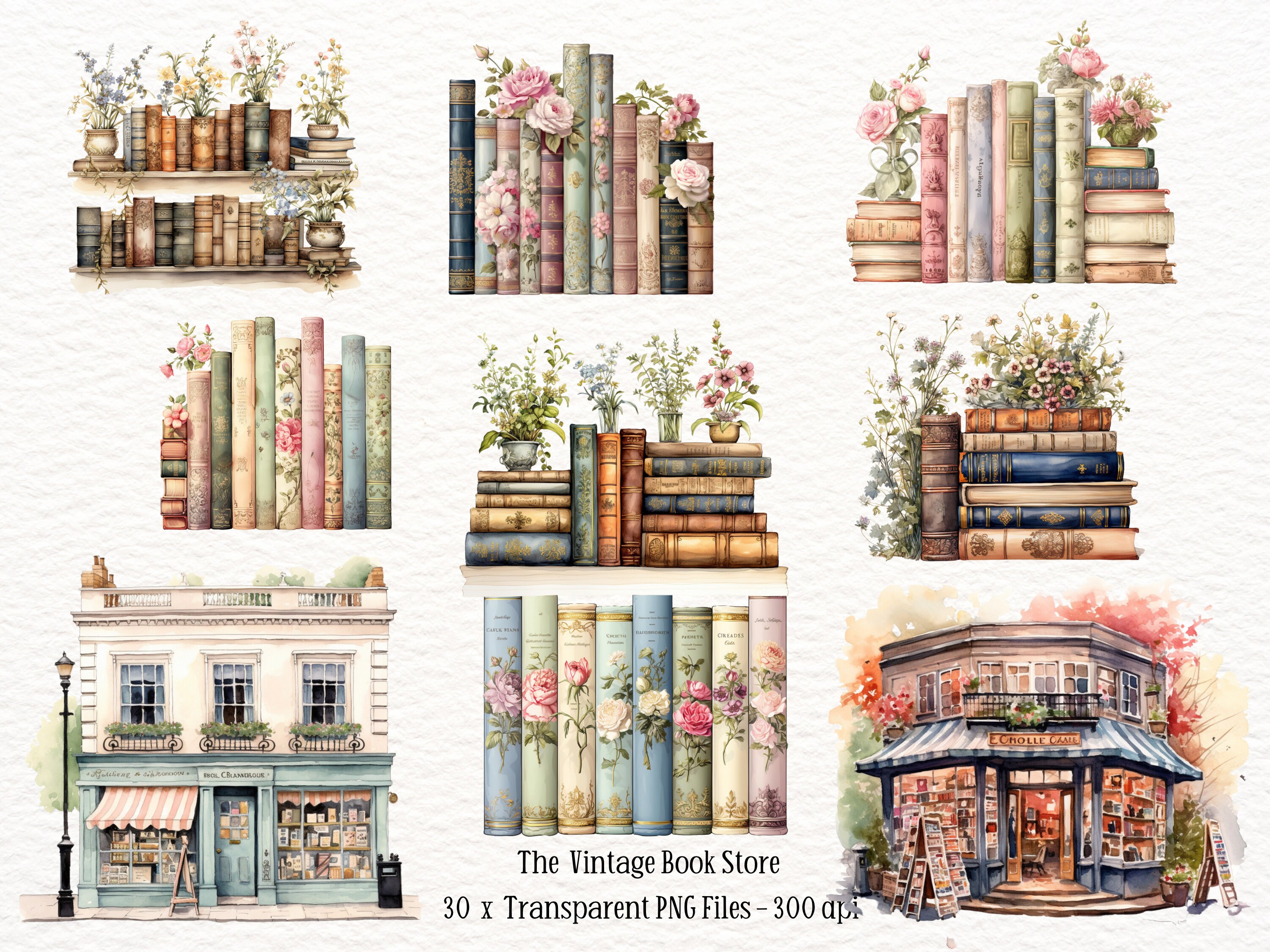 Wildflower Books Clipart Vintage Book Flowers Clipart, Book Lover ...