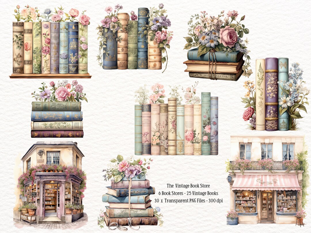 Wildflower Books Clipart Vintage Book Flowers Clipart, Book Lover ...