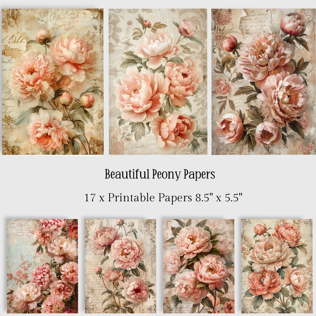 Peony Papers, Pink Floral Scrapbook Paper, Peony Junk Journal Kit ...