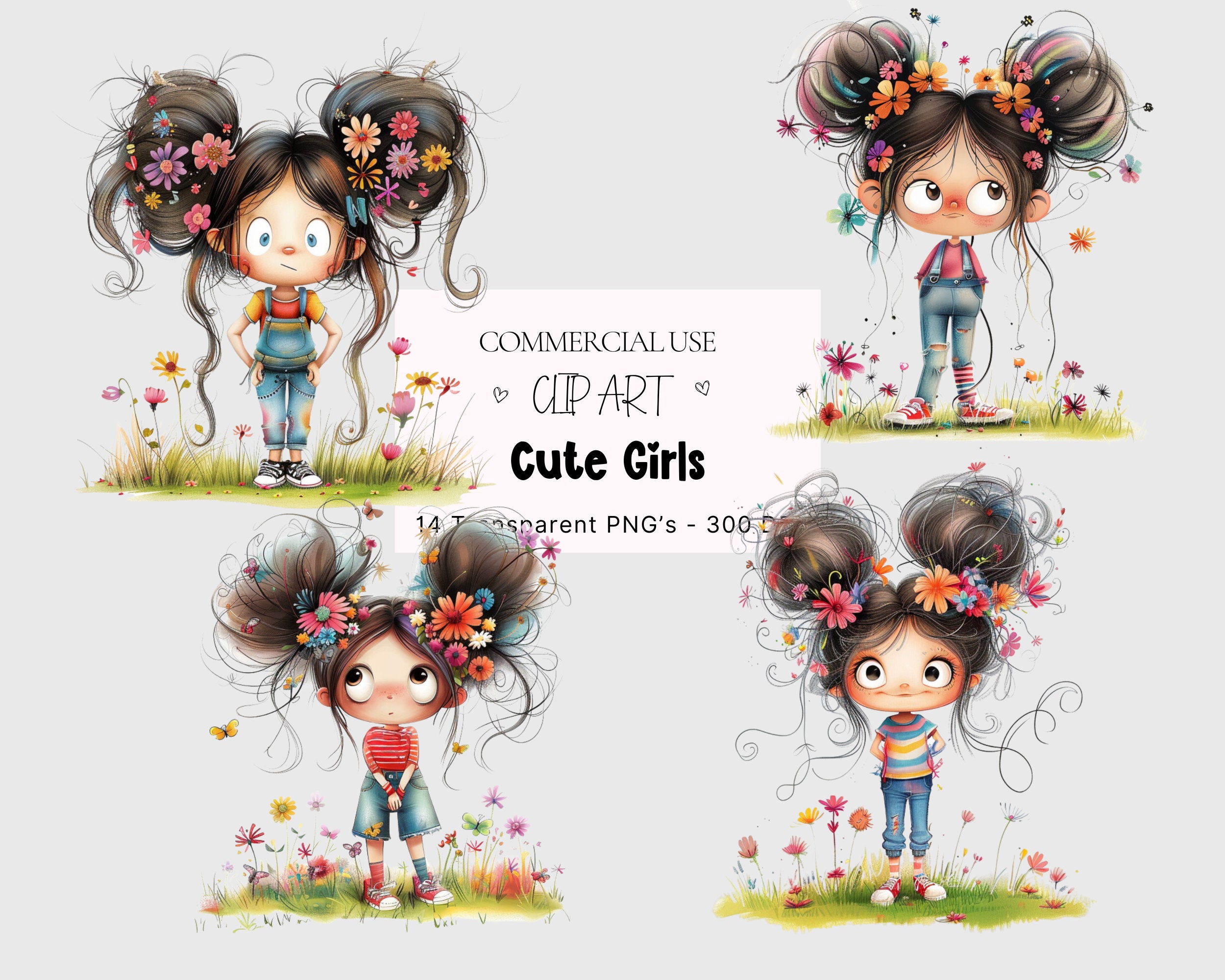 Cute Girls Watercolour Clipart, Whimsical Girls PNG, Quirky Girls Clip ...