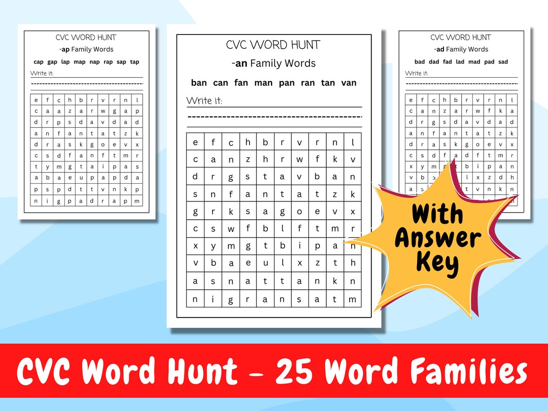 CVC Word Family Worksheets CVC Word Hunt Word Puzzle CVC - Etsy