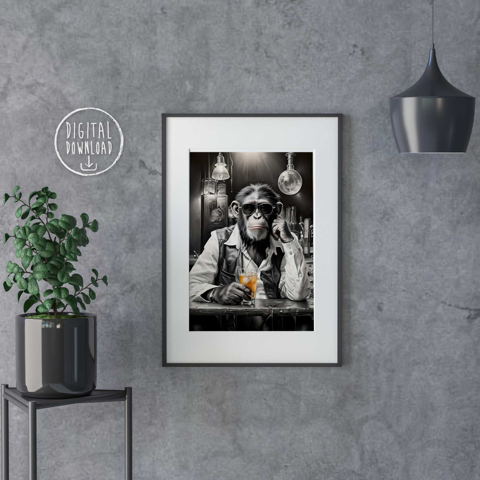 Humorous Chimpanzee Bar Art Print, Black and White Illustration ...