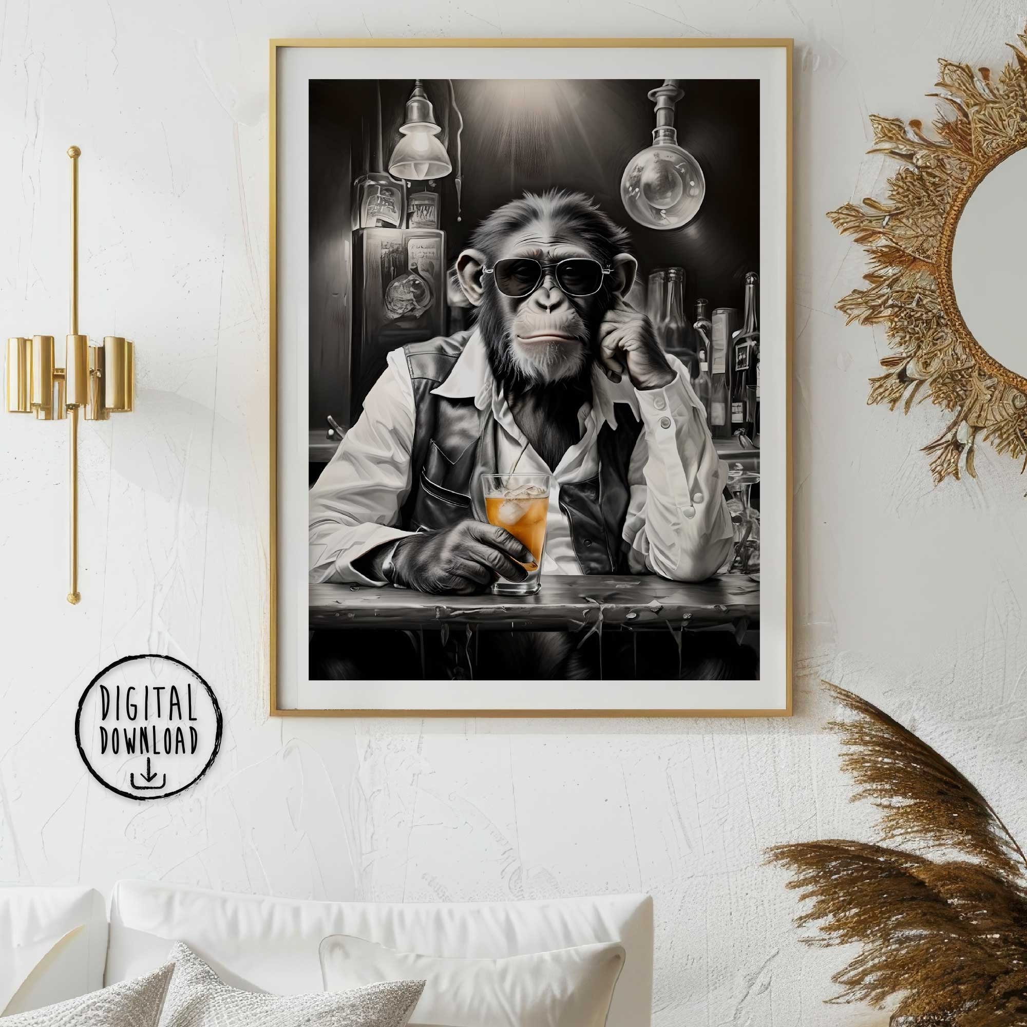 Humorous Chimpanzee Bar Art Print, Black and White Illustration ...