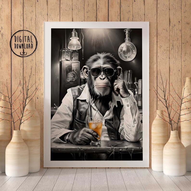 Humorous Chimpanzee Poster, Bar Themed Poster, Fun Animal Art, Black ...