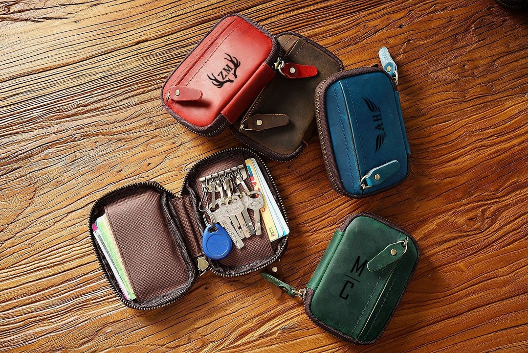 Vintage Leather Key Card Holder, Personalized Cowhide Wallet Organizer ...