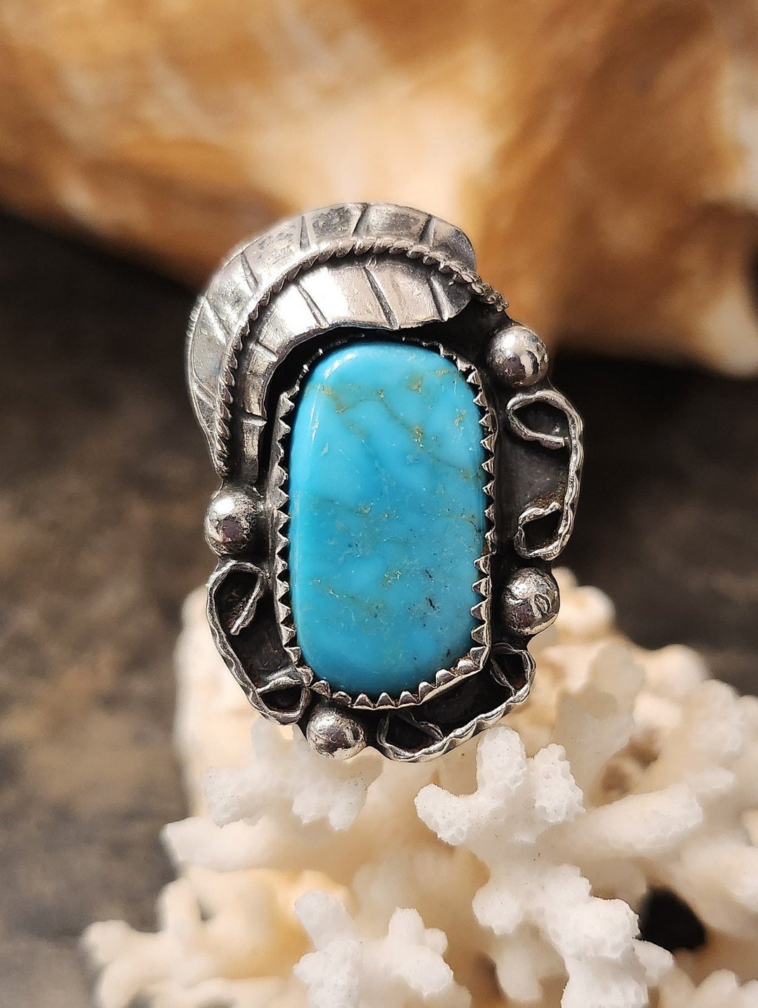 Old Pawn Sterling Silver Turquoise Ring With Leaf and Sawtooth Setting ...