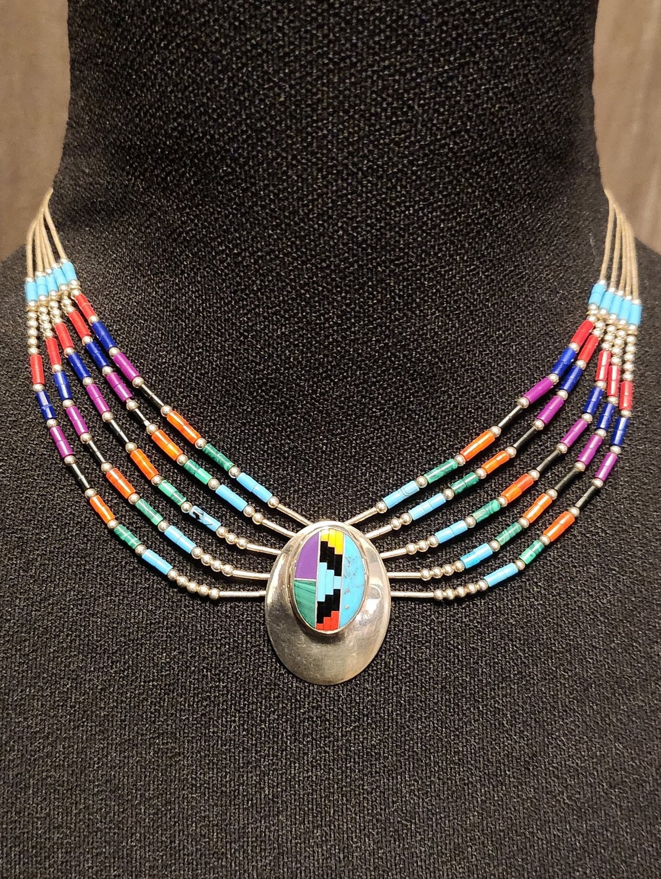 Vintage Zuni Sterling Silver Five-strand Necklace With Multi-stone ...