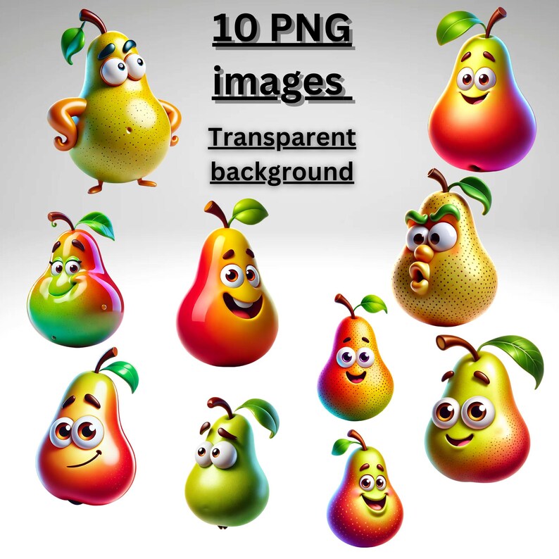 Pear Clipart Set: 10 Cartoon Fruit Illustrations (digital Download ...