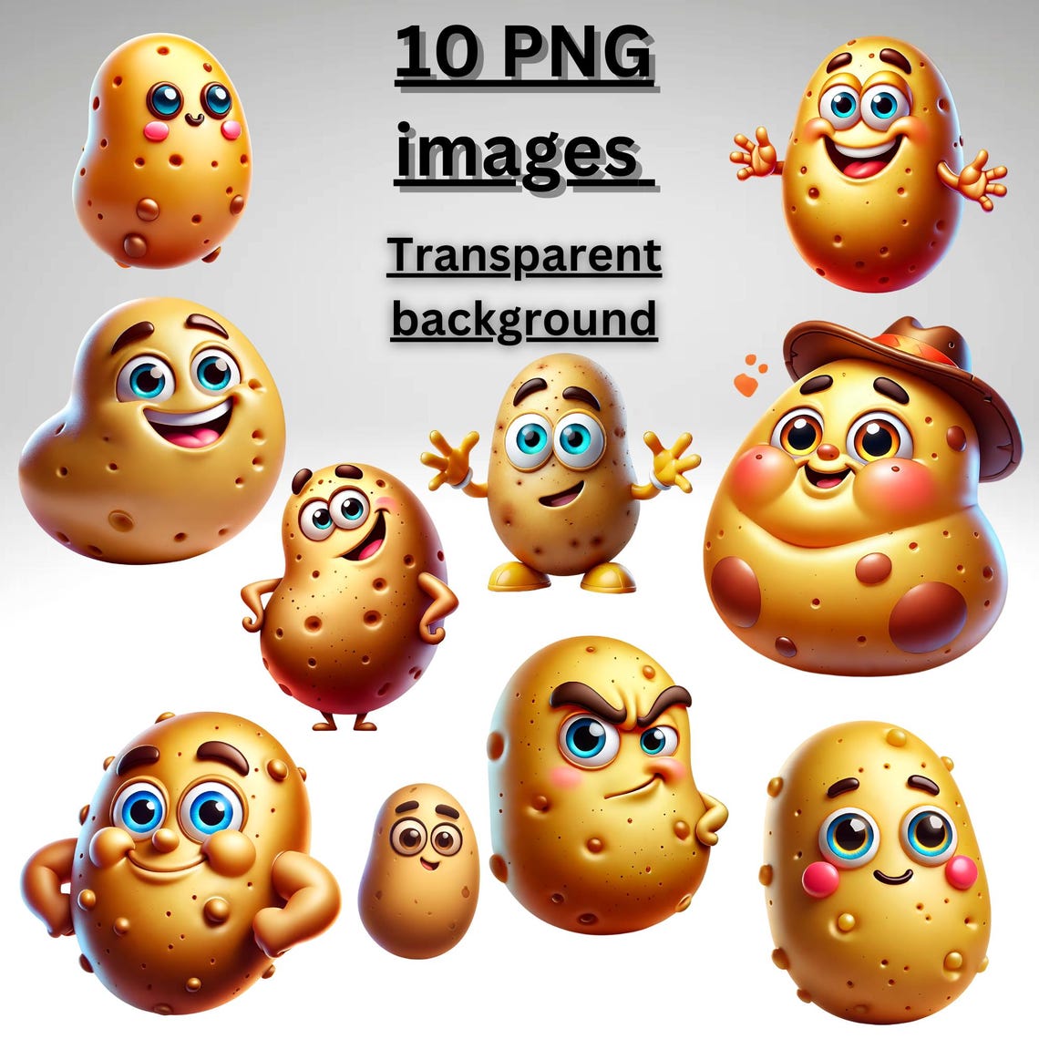 10 Cute Potato Illustrations 3D Cartoon Style High-resolution Clipart ...