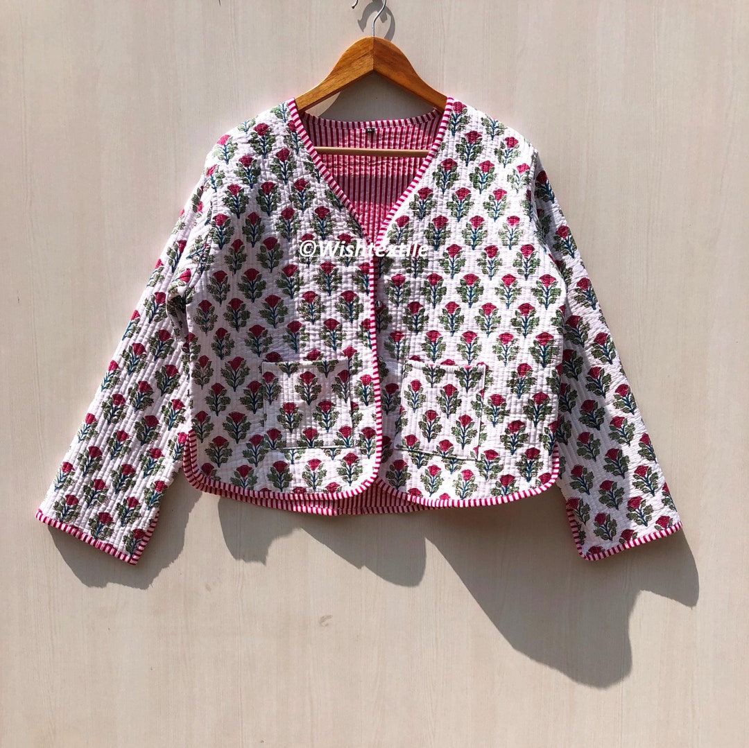 Cotton Women's Quilted Jacket Block Printed Boho Style Quilted Handmade ...