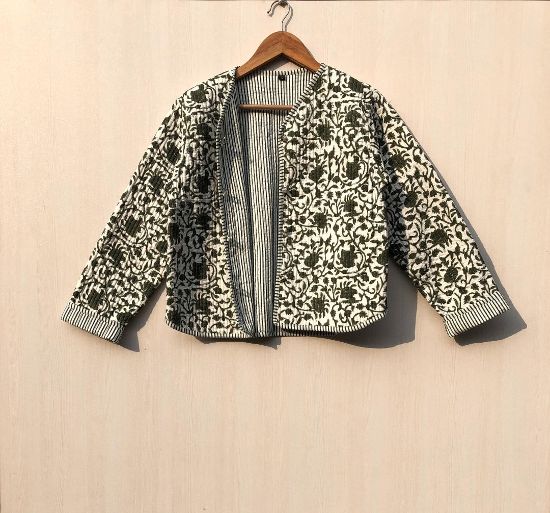 Cotton Women's Quilted Jacket Block Printed Boho Style Quilted Handmade ...