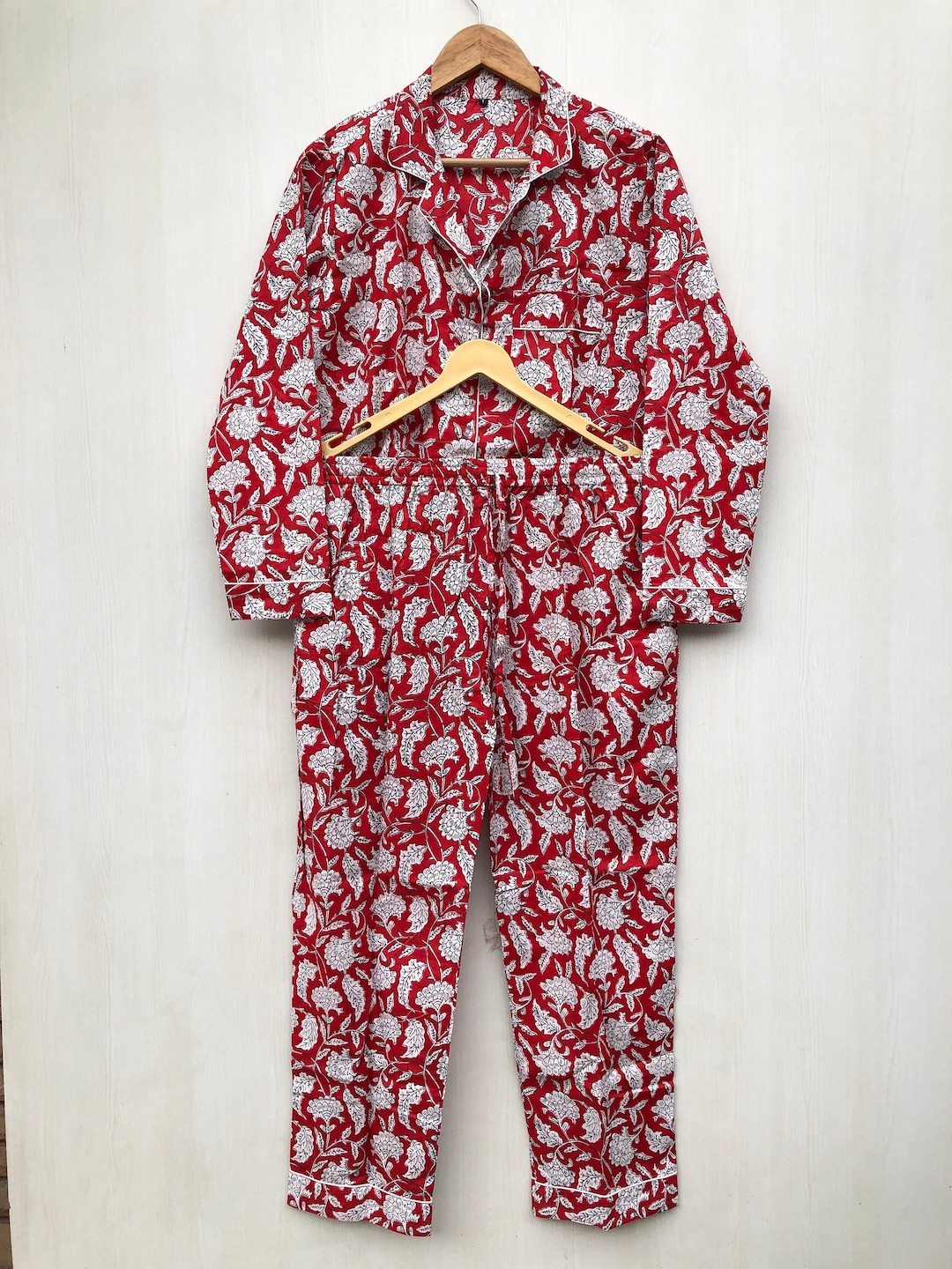 Red Floral Print Pajamas, Flower Print Pure Cotton Pj's, Pajamas Set ...