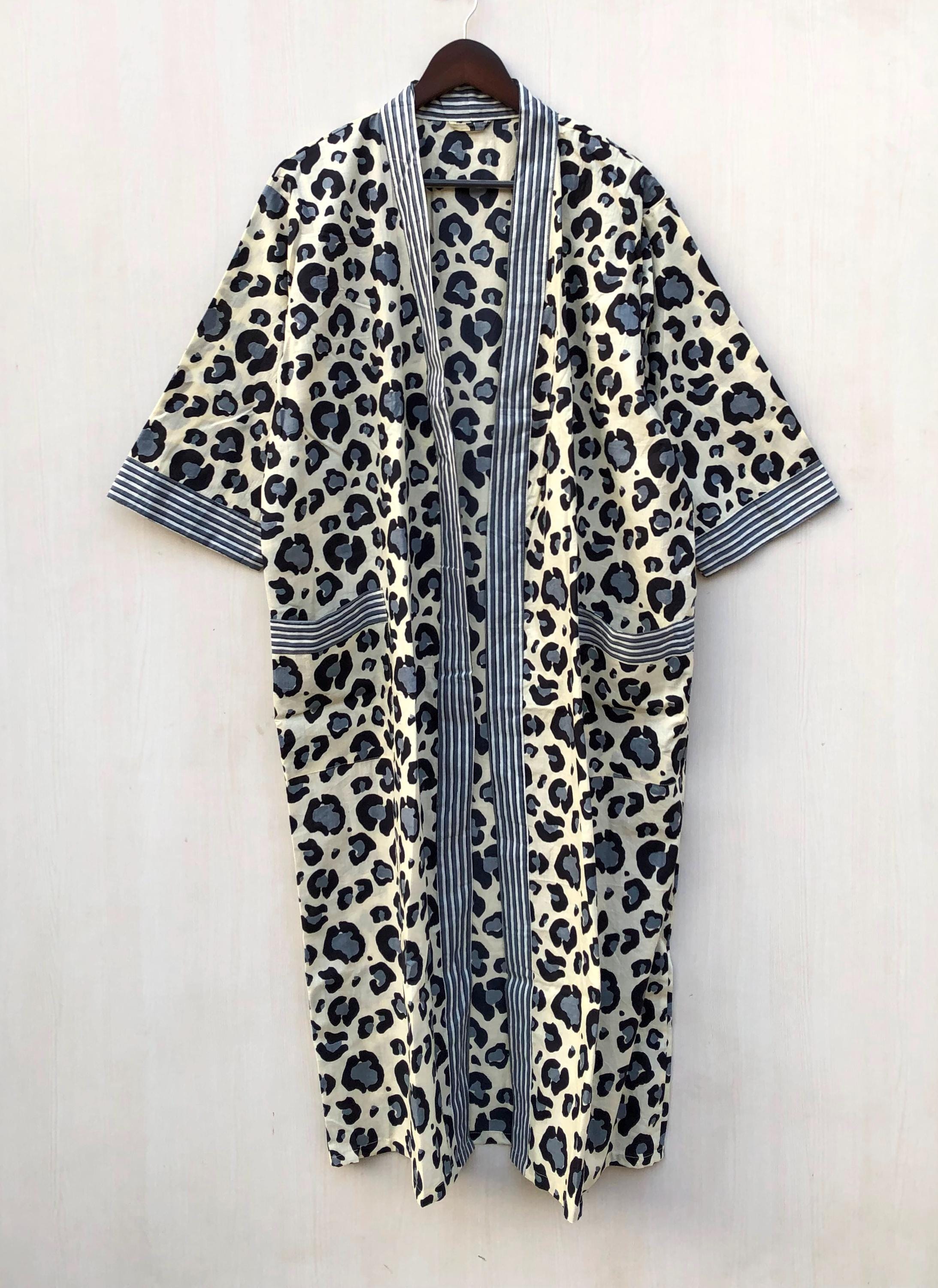 Cotton Kimono Robe, Leopard Block Print, Bohemian Nightwear - Etsy