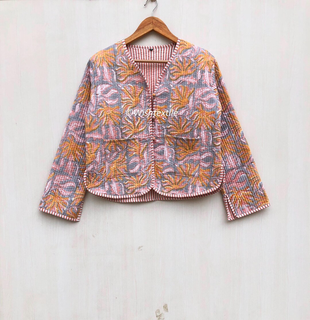 Indian Women's Quilted Jacket Block Printed Boho Style Quilted Handmade ...