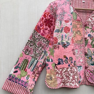 Cotton Quilted Jacket Women Wear Front Open Kimono Stripe Piping ...