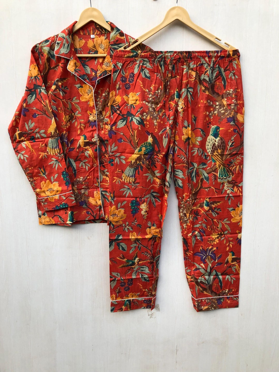Bird Cotton Print Pajamas, Animal Print Pure Cotton Pj's, Pajamas Set ...