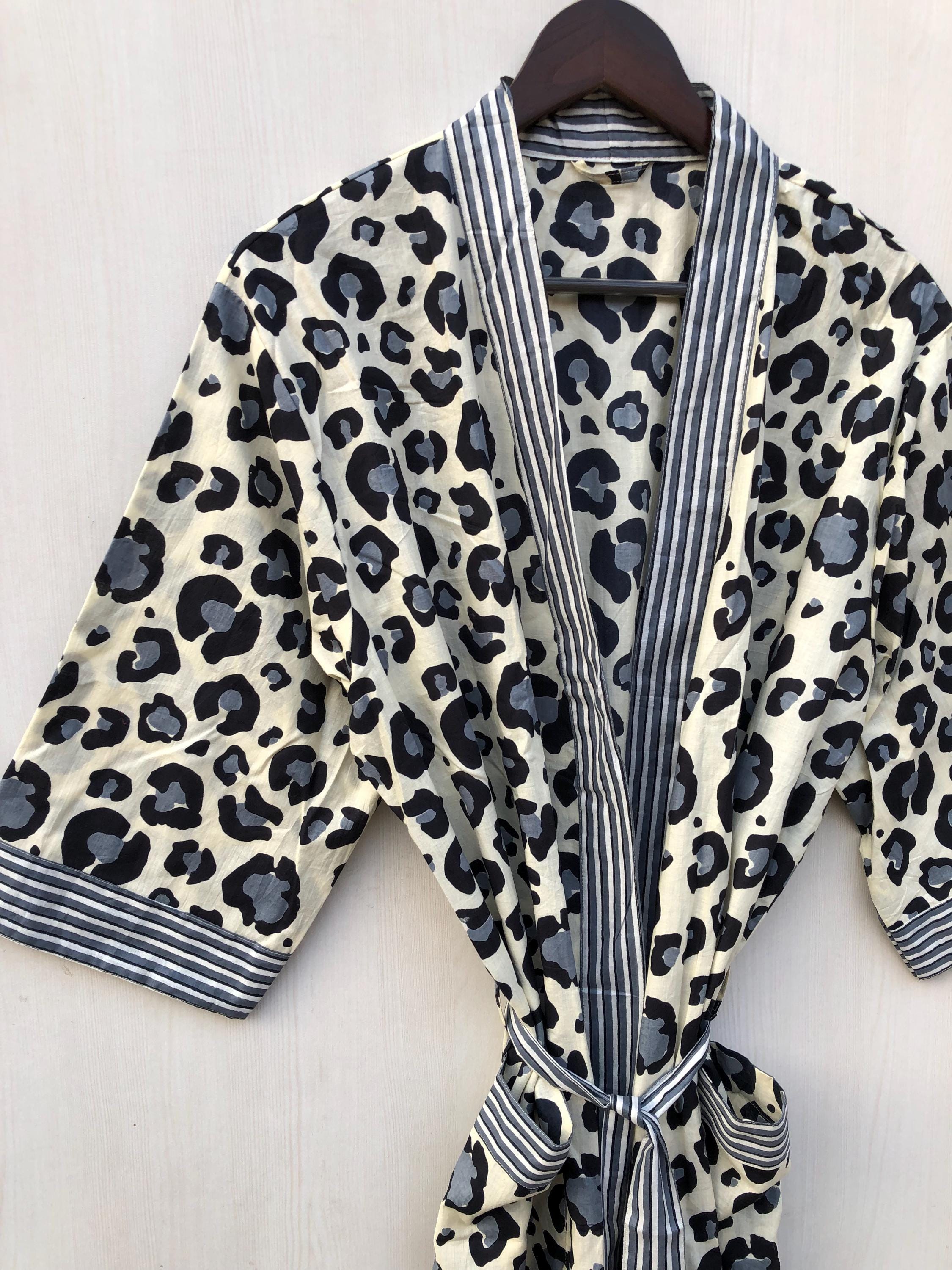 Cotton Kimono Robe, Leopard Block Print, Bohemian Nightwear - Etsy