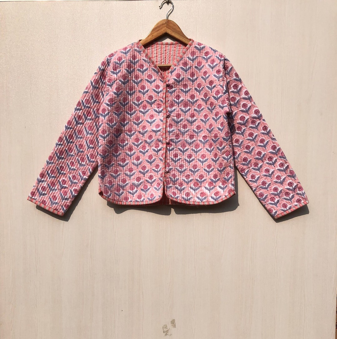 Women's Cotton Quilted Jacket Block Printed Boho Style Quilted Handmade ...