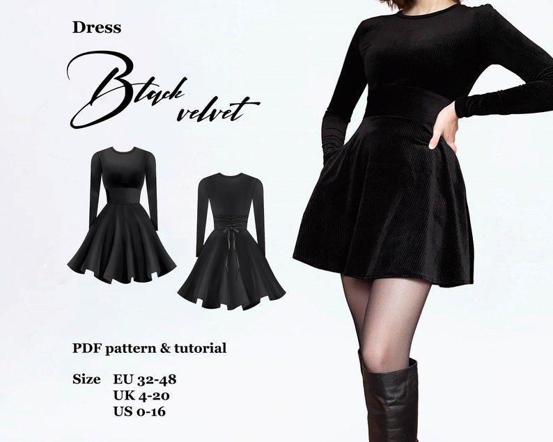 Mini Dress With Pockets and Snatched Waist, Black Velvet Dress, A4, US ...