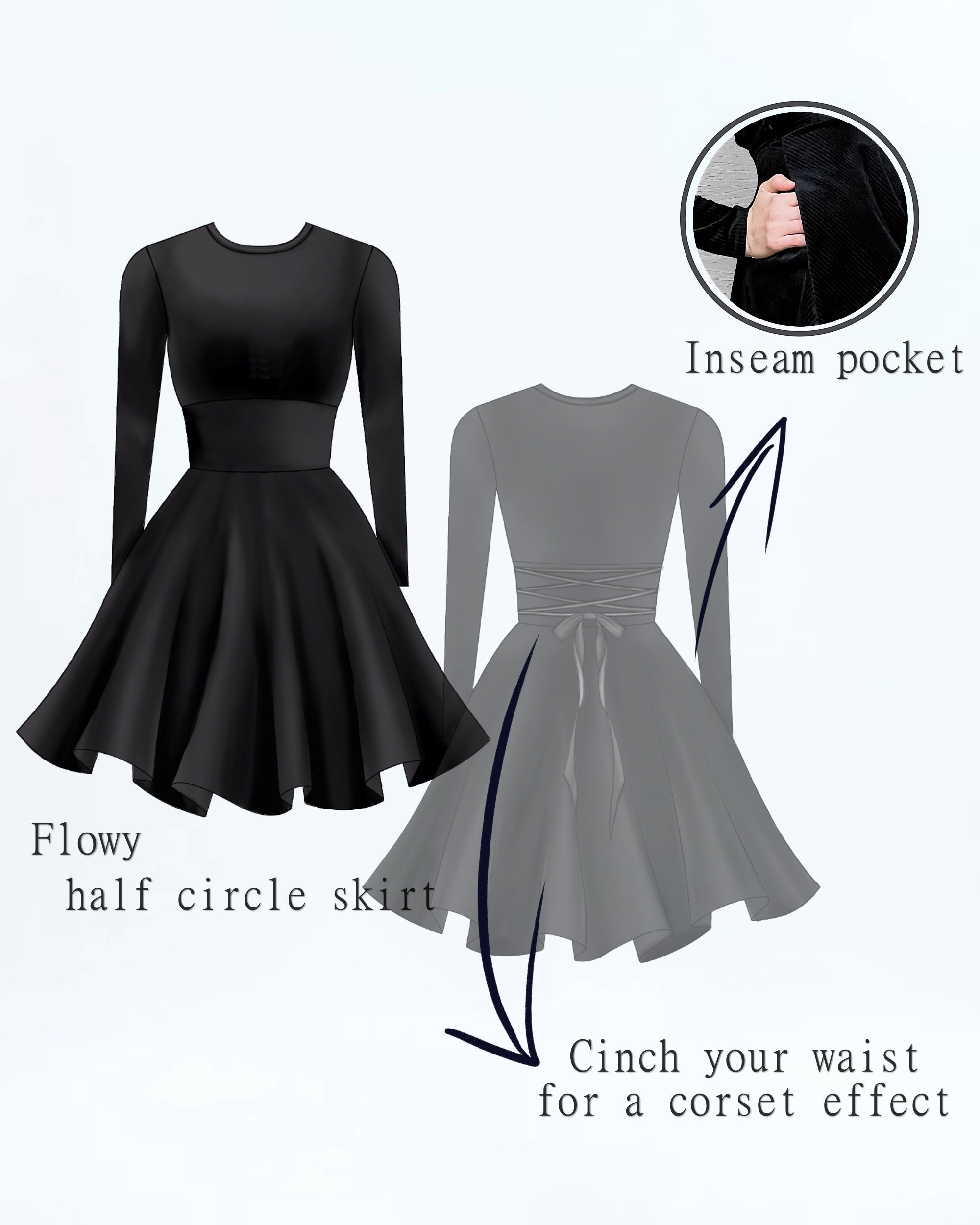 Mini Dress With Pockets and Snatched Waist, Black Velvet Dress, A4, US ...