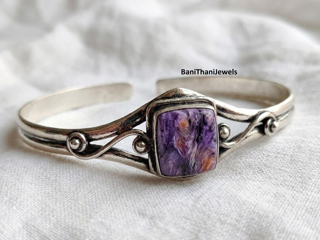 Handmade Charoite Sterling Silver Bangle Bracelet, Gemstone Adjustable ...