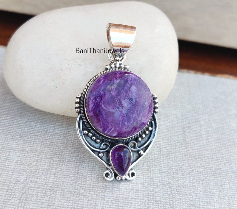 Handmade Charoite & Amethyst 925 Sterling Silver Pendant - Etsy