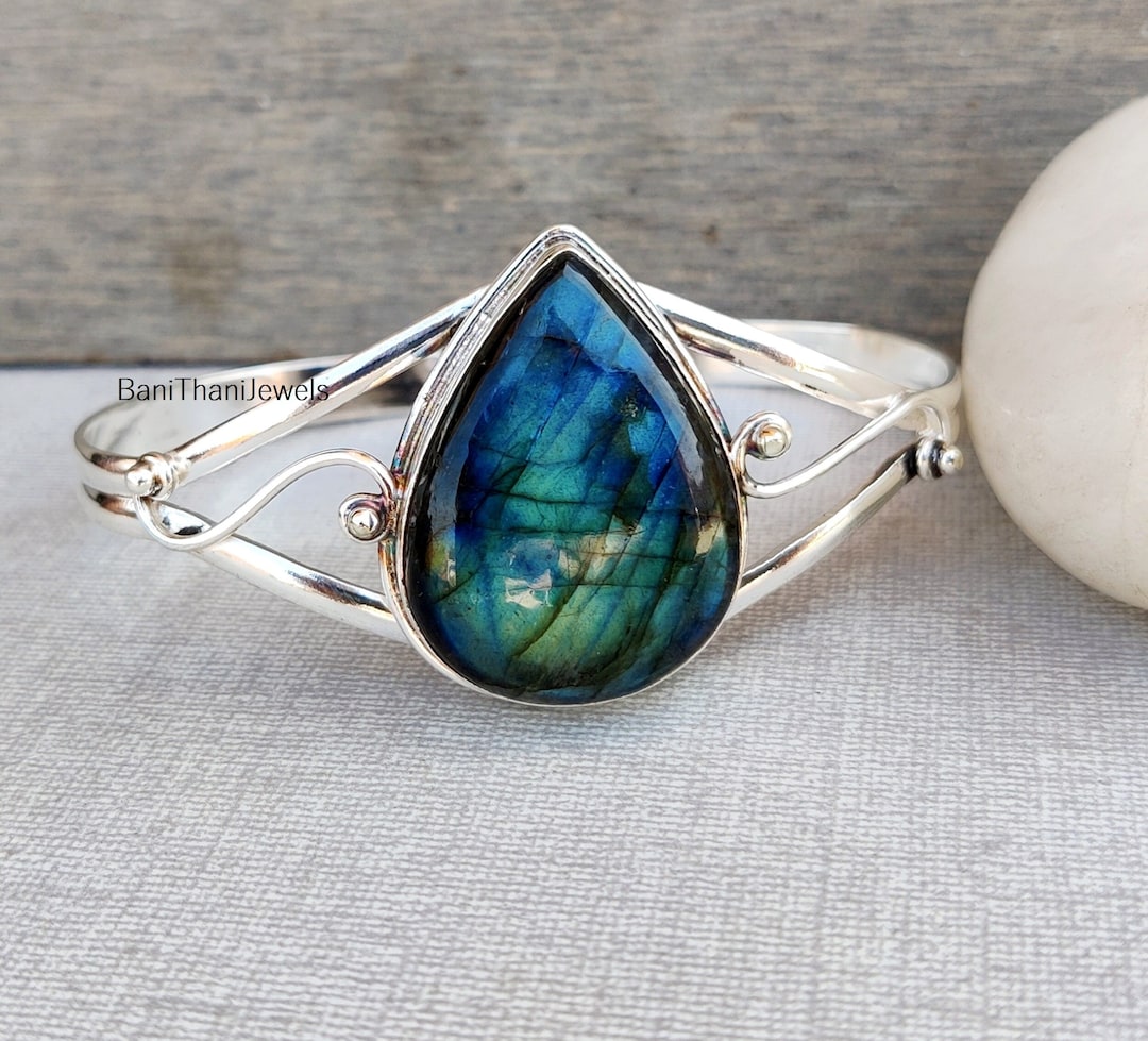 Handmade Labradorite 925 Sterling Silver Bangle - Adjustable Cuff - Etsy