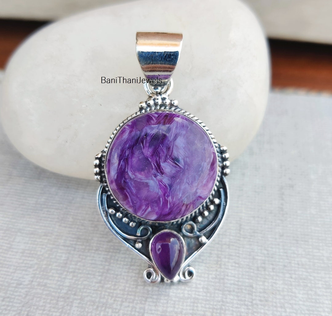 Handmade Charoite & Amethyst 925 Sterling Silver Pendant - Etsy