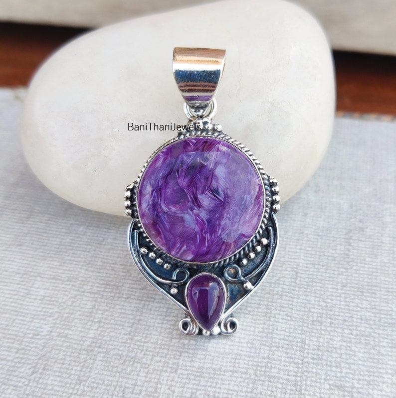 Handmade Charoite & Amethyst 925 Sterling Silver Pendant - Etsy