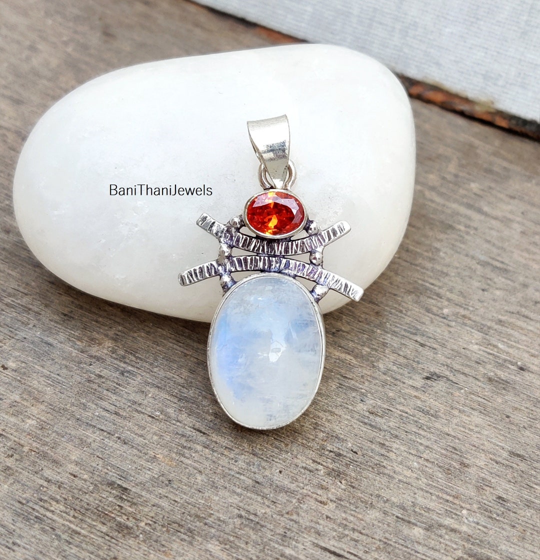 Moonstone Pendant, Garnet Pendant, Moonstone Jewelry, 925 Silver ...