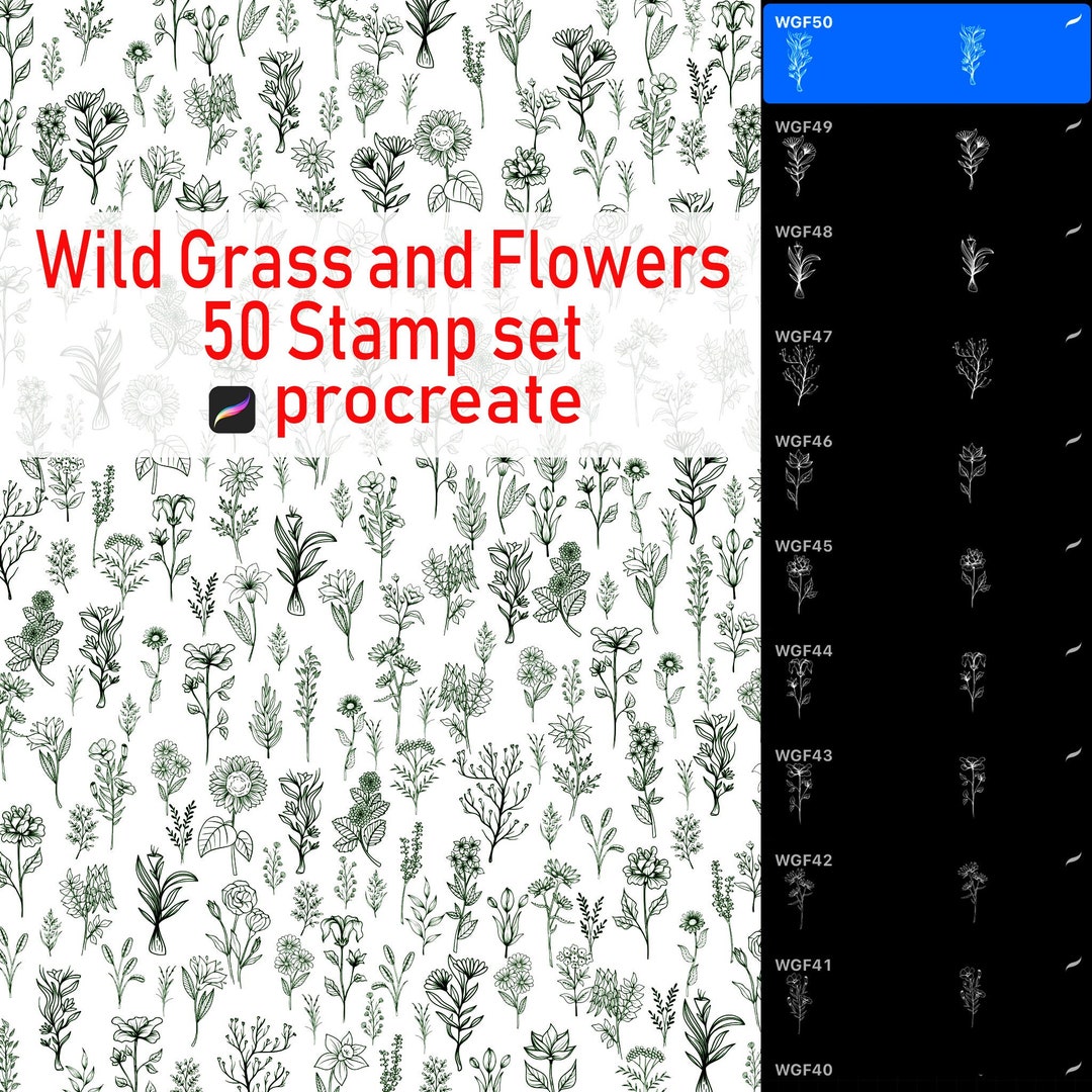 50 Wild Flower Procreate Stamp, Procreate Bundle Greenery, Floral Stamp ...