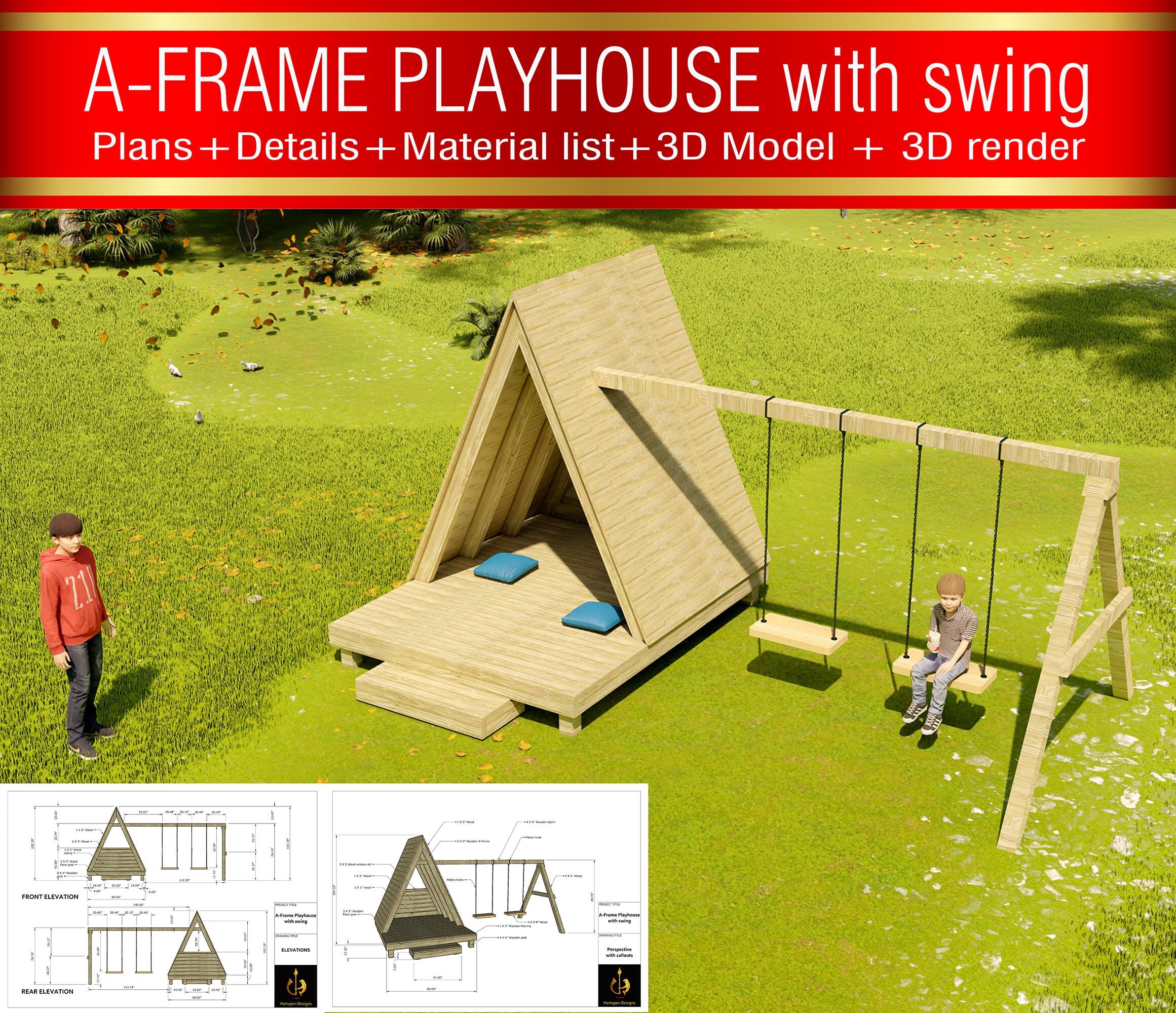 DIY A-frame Kids Playhouse With Swing, DIY Plan Children Playhouse With ...