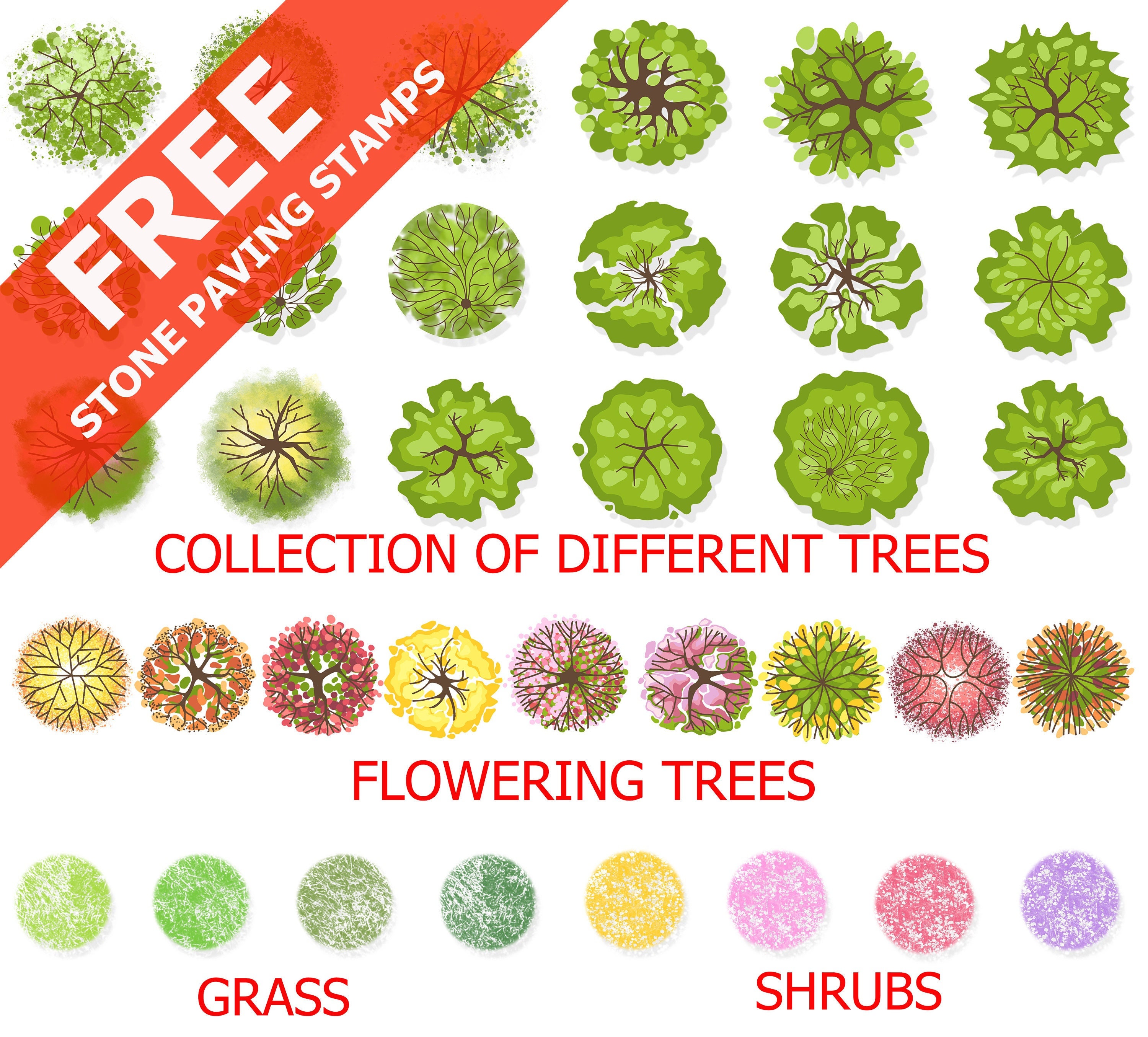 Landscape Symbols Plan View Top View City Elements, Trees, Roads,