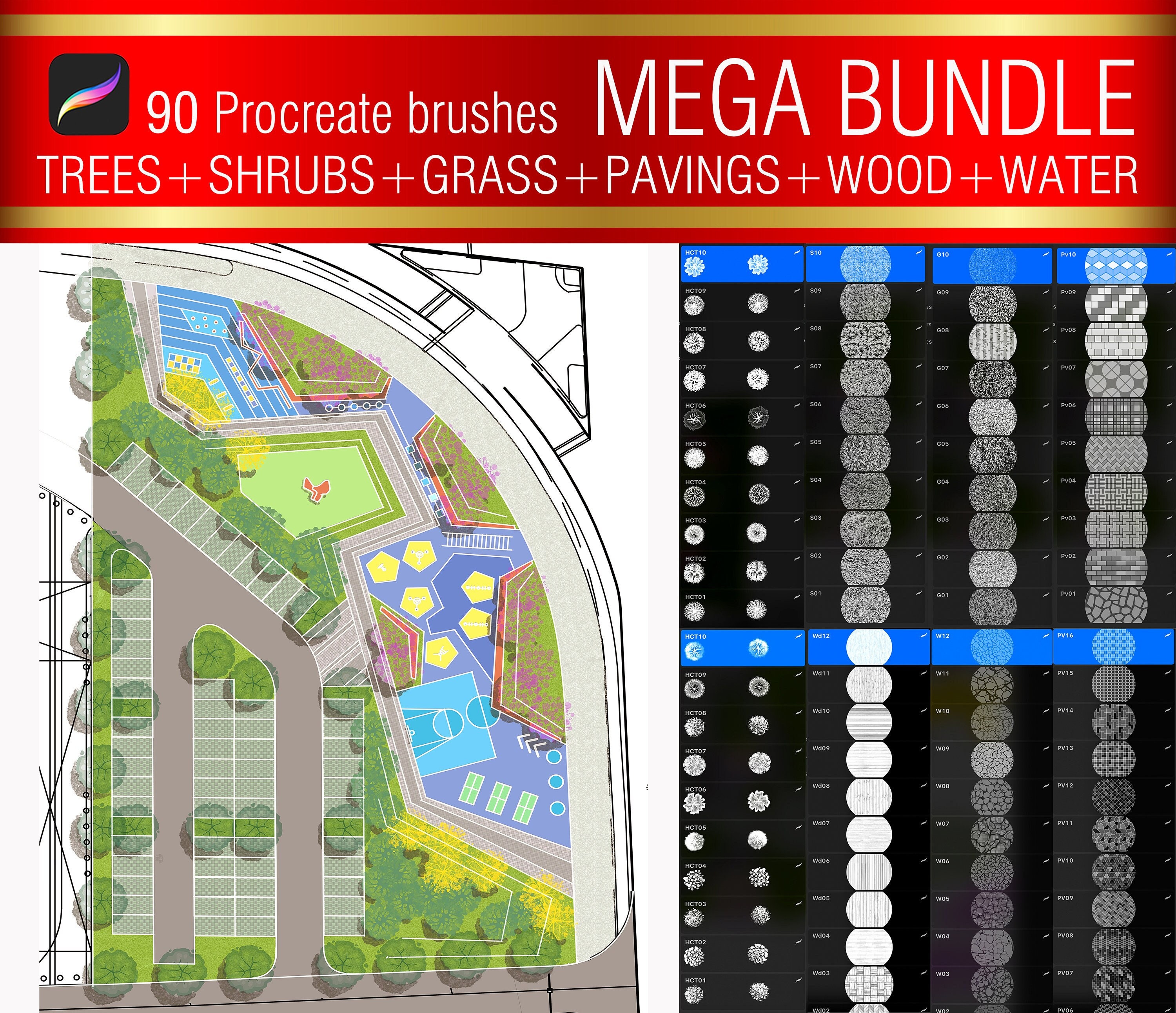 Procreate Landscape Element Symbol Brushes, Procreate Tree Stamp, Grass ...