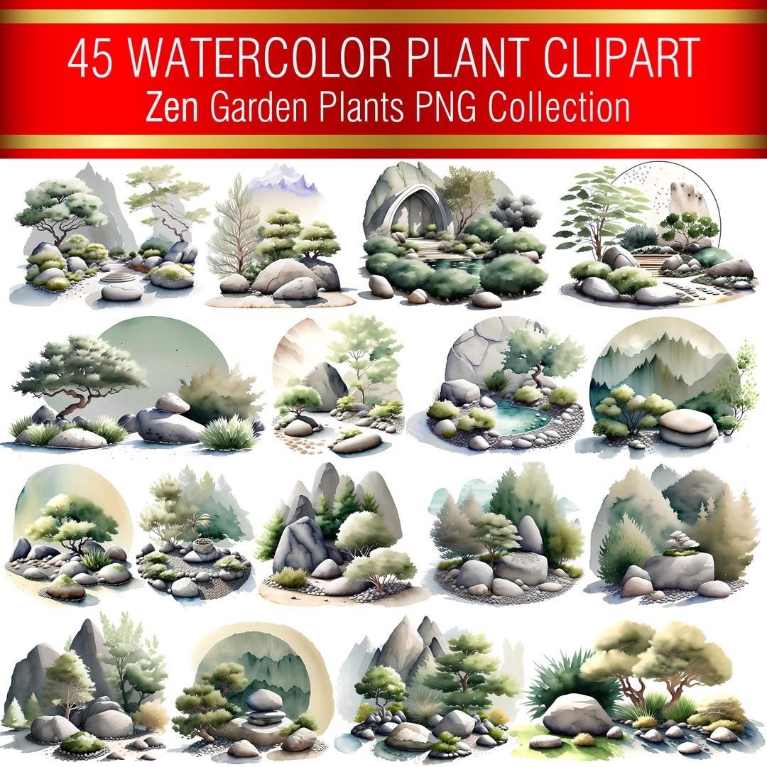 Watercolor Zen Garden Clipart, Japanese Plants (PNG Digital Files) - Etsy