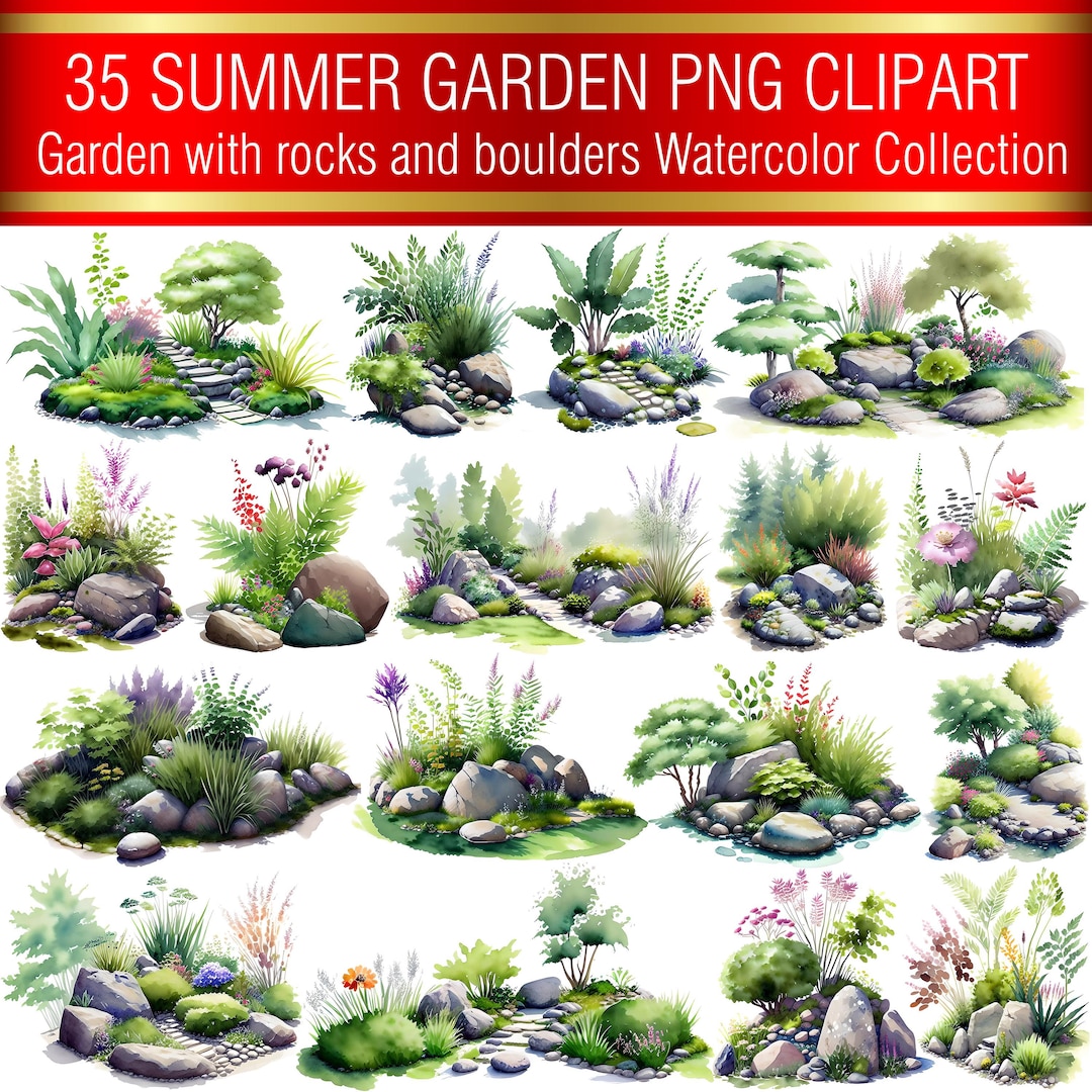 Summer Garden Clipart, Landscape Garden With Rocks and Boulders ...