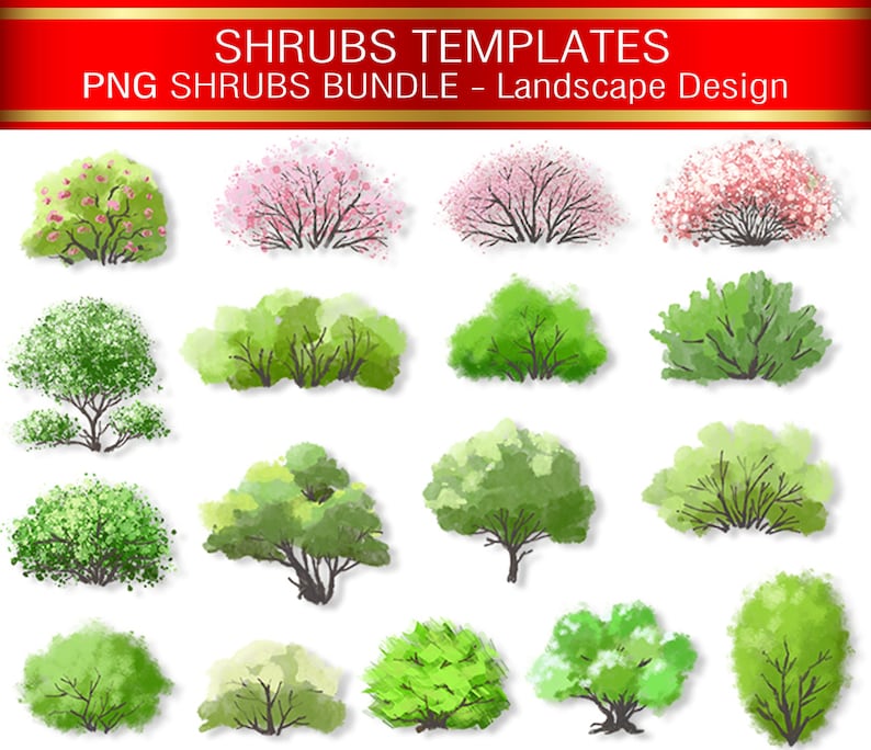Colorful Bushes Clipart, Shrub Digital Greenery, Summer Plant ...