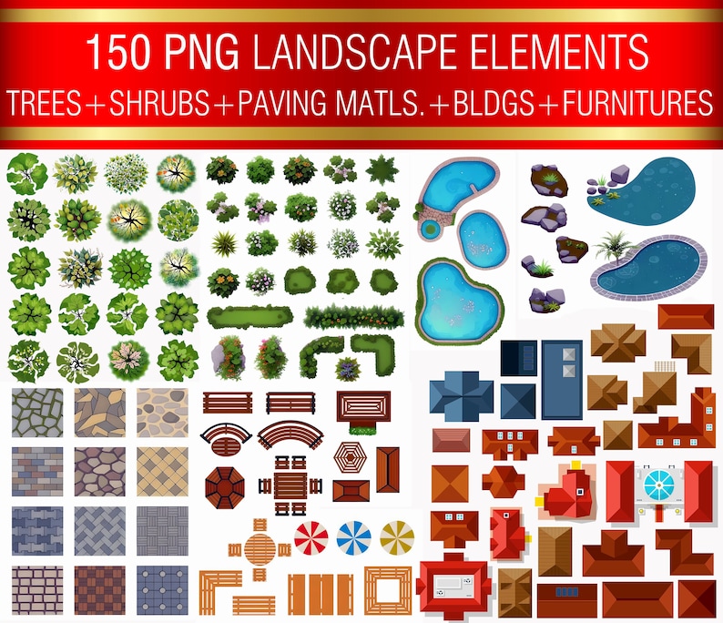 Landscape Design Clipart Bundle | 150+ PNG Trees, Furniture & Paving ...