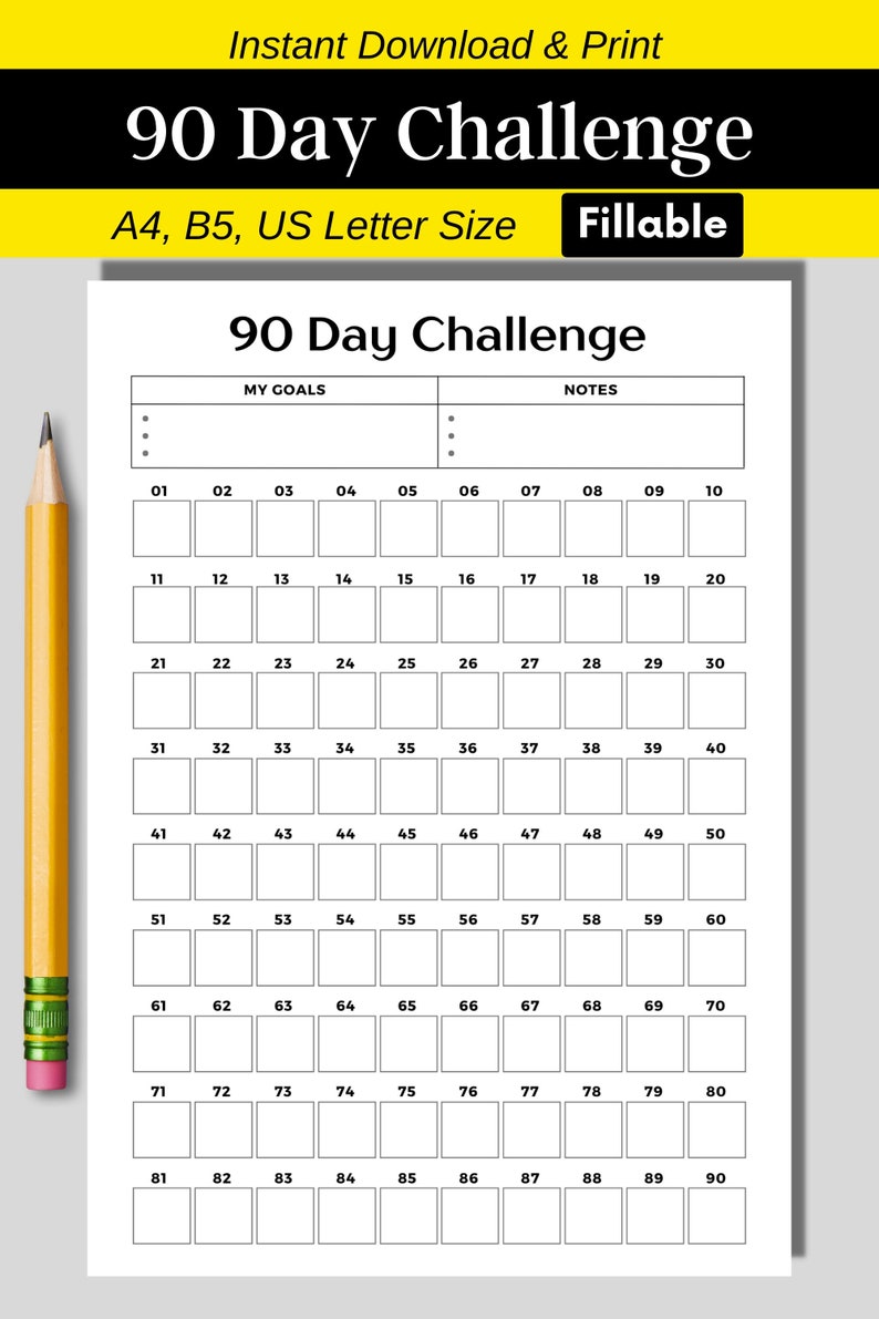 90 Day Challenge Fillable & Printable PDF Template A4/US Letter/ A5 ...