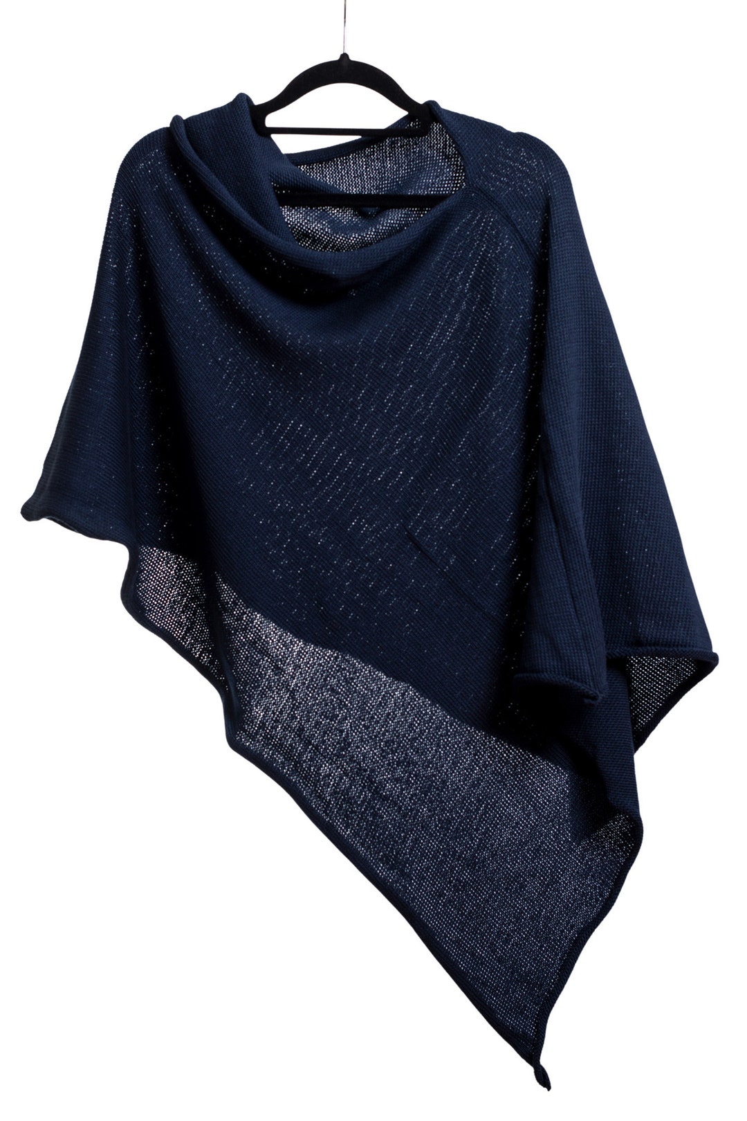 Handcrafted Cotton Knit Poncho: Navy Blue Versatile Shawl, Made in UK ...