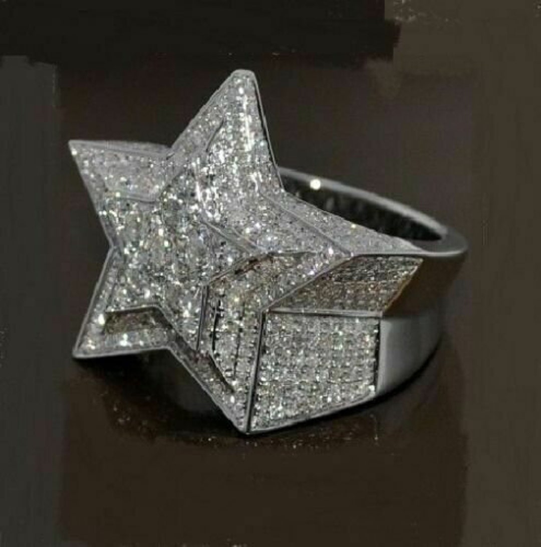 Star Diamond Ring for Men's, 14K White Gold Plated, 2.5 Ct Round ...