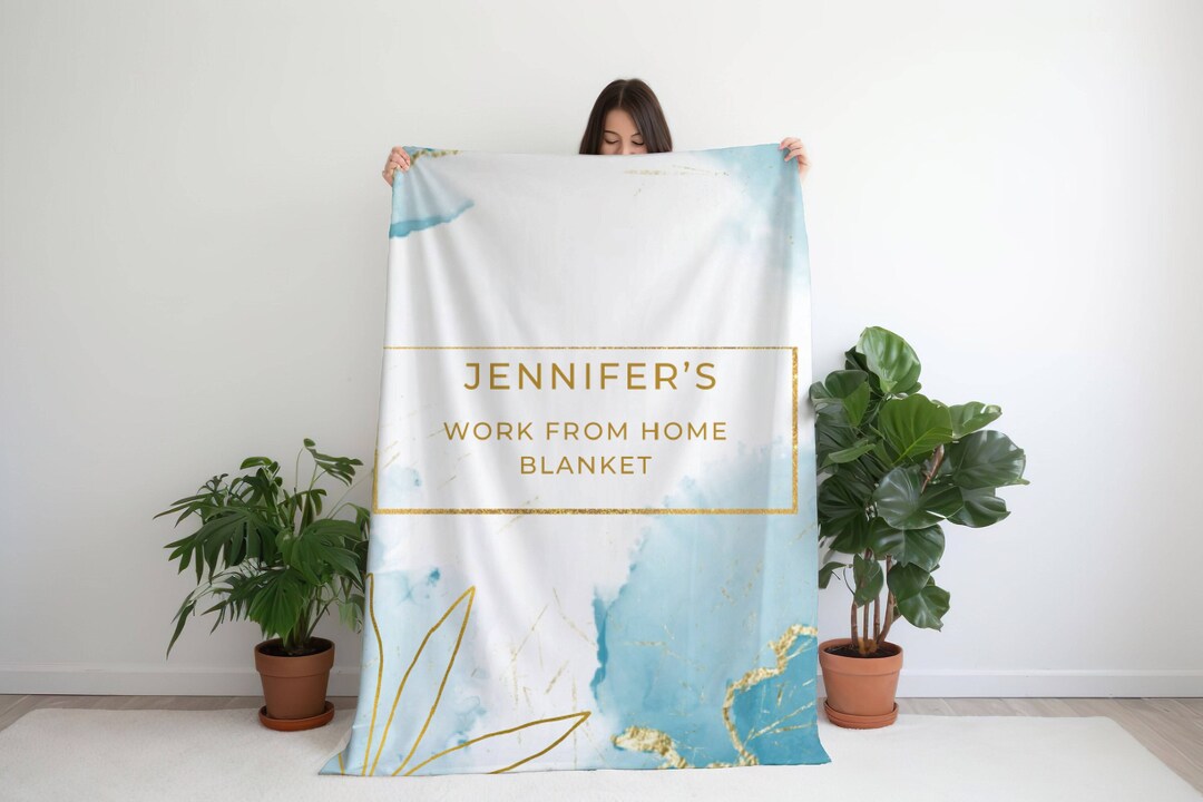 Personalized Blanket Work From Home Blue Gold, Keepsake Home Office ...