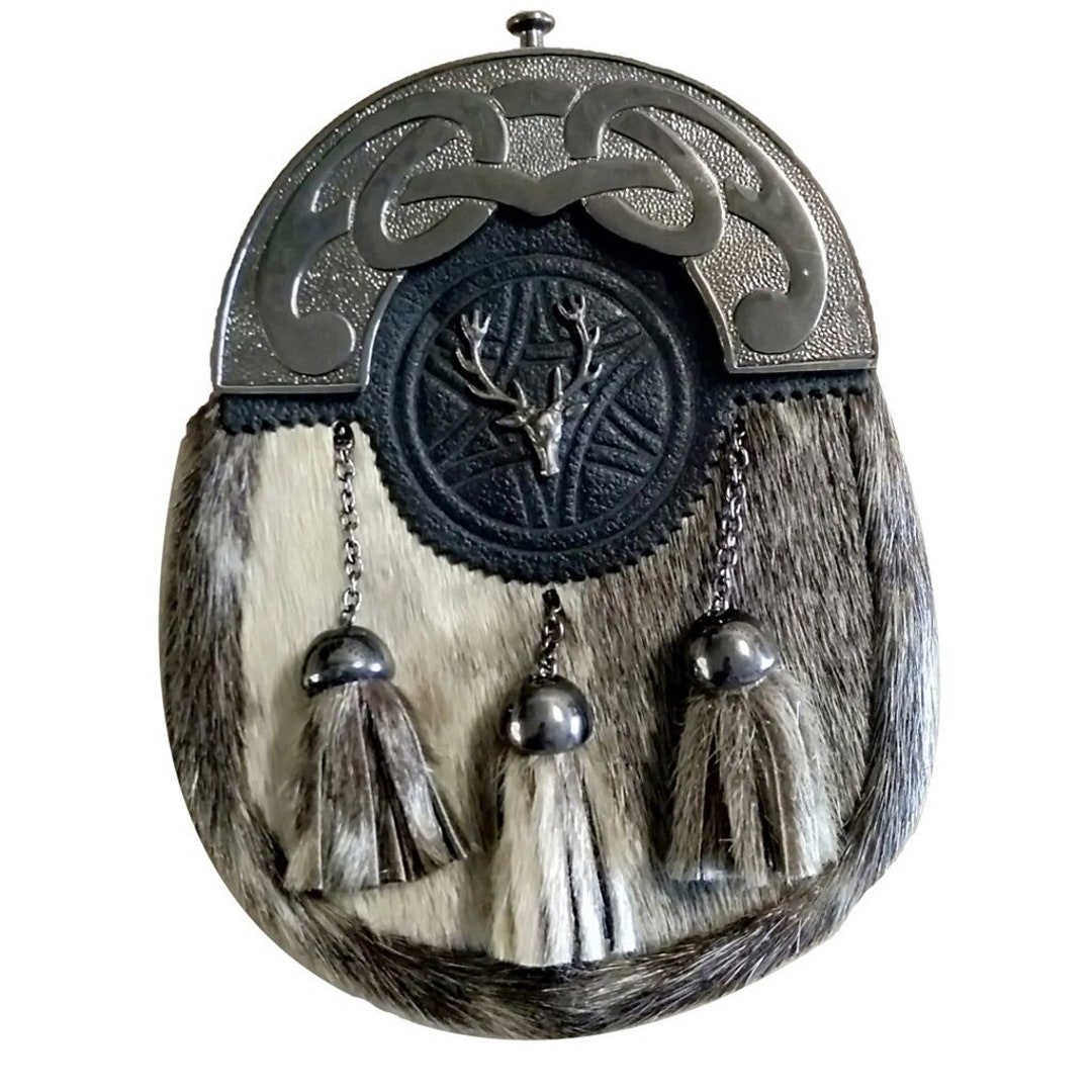 Traditional Scottish Sporran With Stag Head Rabbit Fur Chrome Head Kilt ...