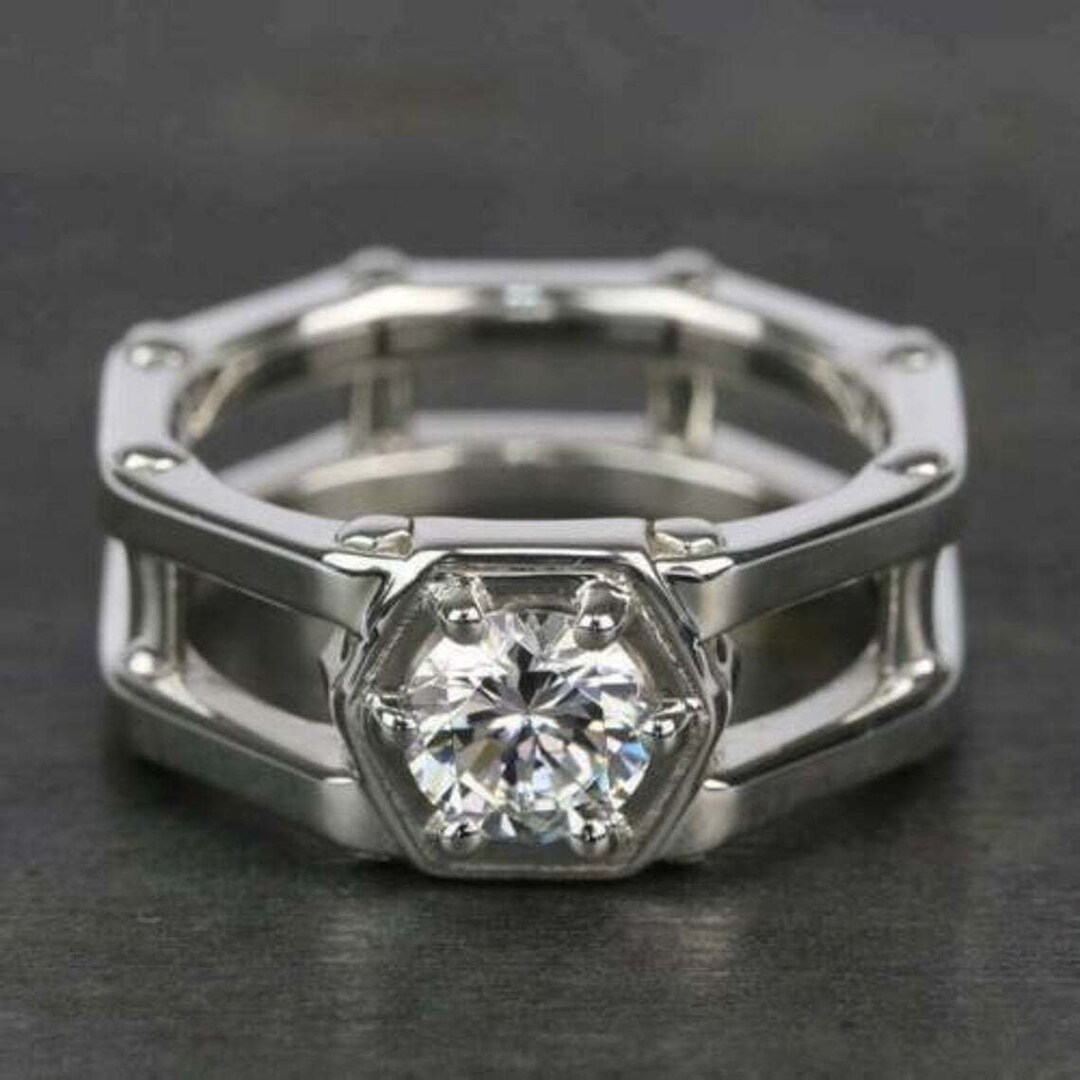 Mens Ring, Hexagonal Wedding Ring, 2CT Colorless Moissanite, Classic ...