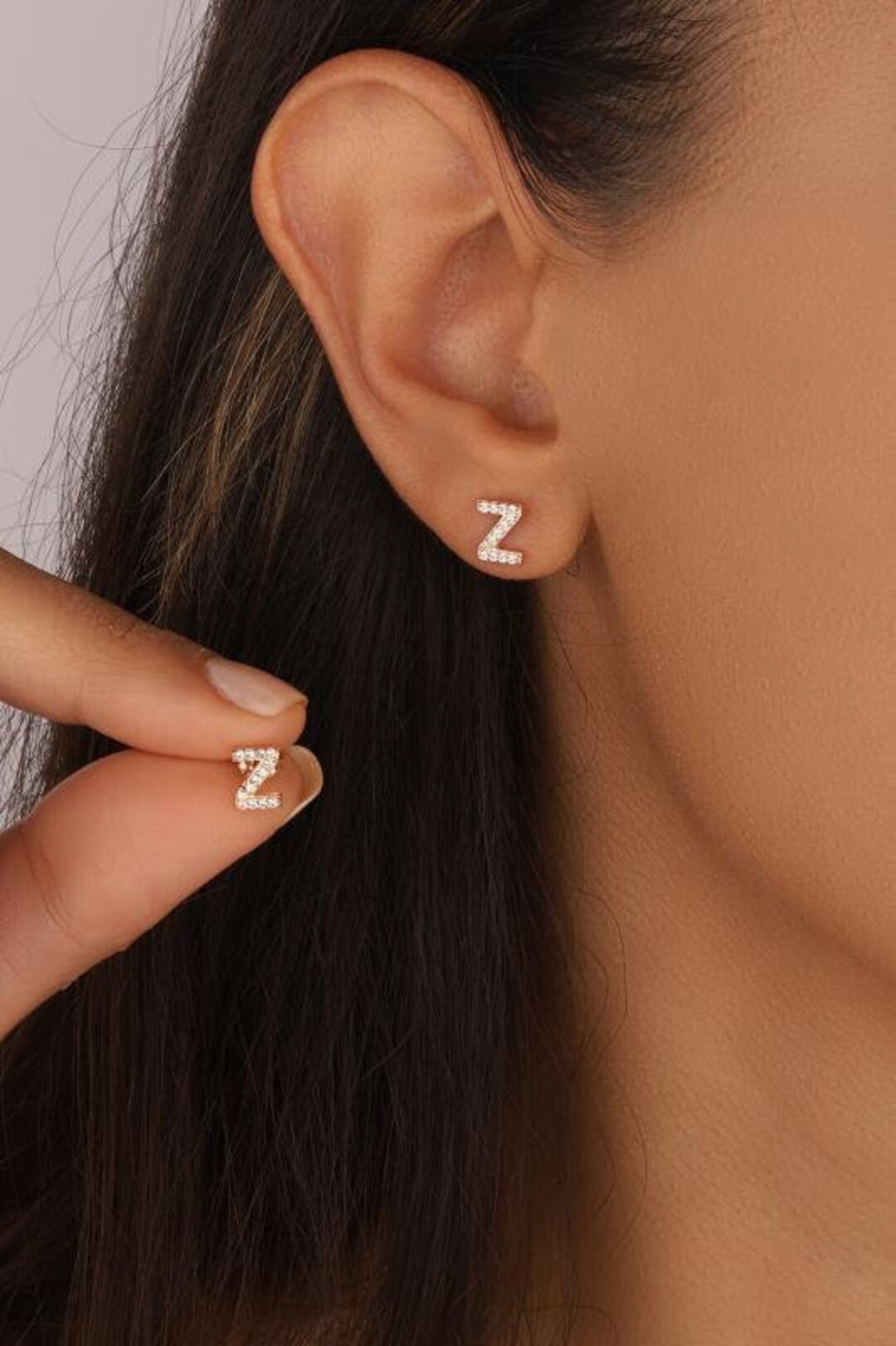 Initial Cz Earrings Stud, 14K Solid Gold Stud Alphabet Earrings ...