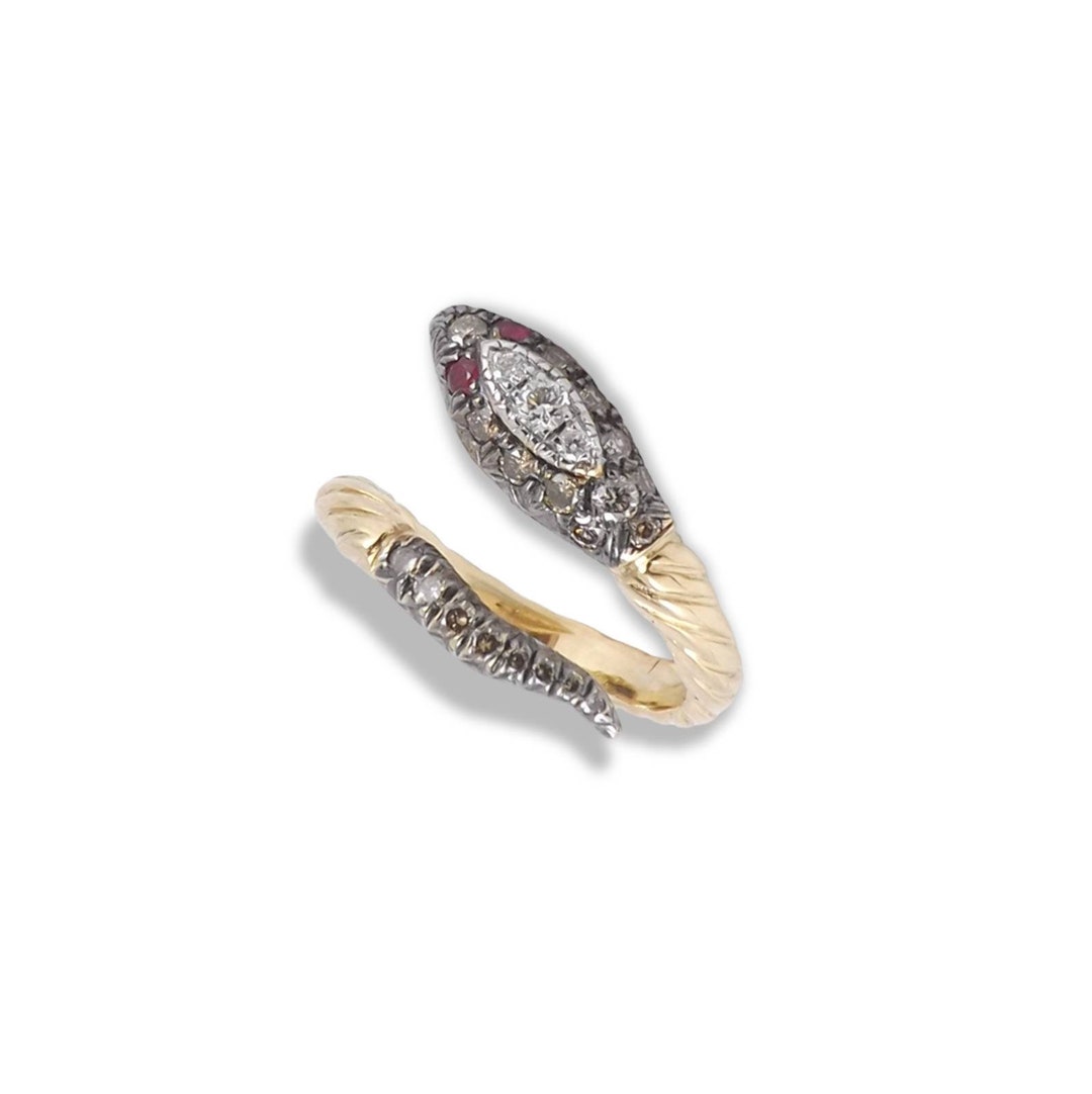 14K Gold Twisted Snake Ring, Brown Diamond Ring, Art Deco Snake Song ...